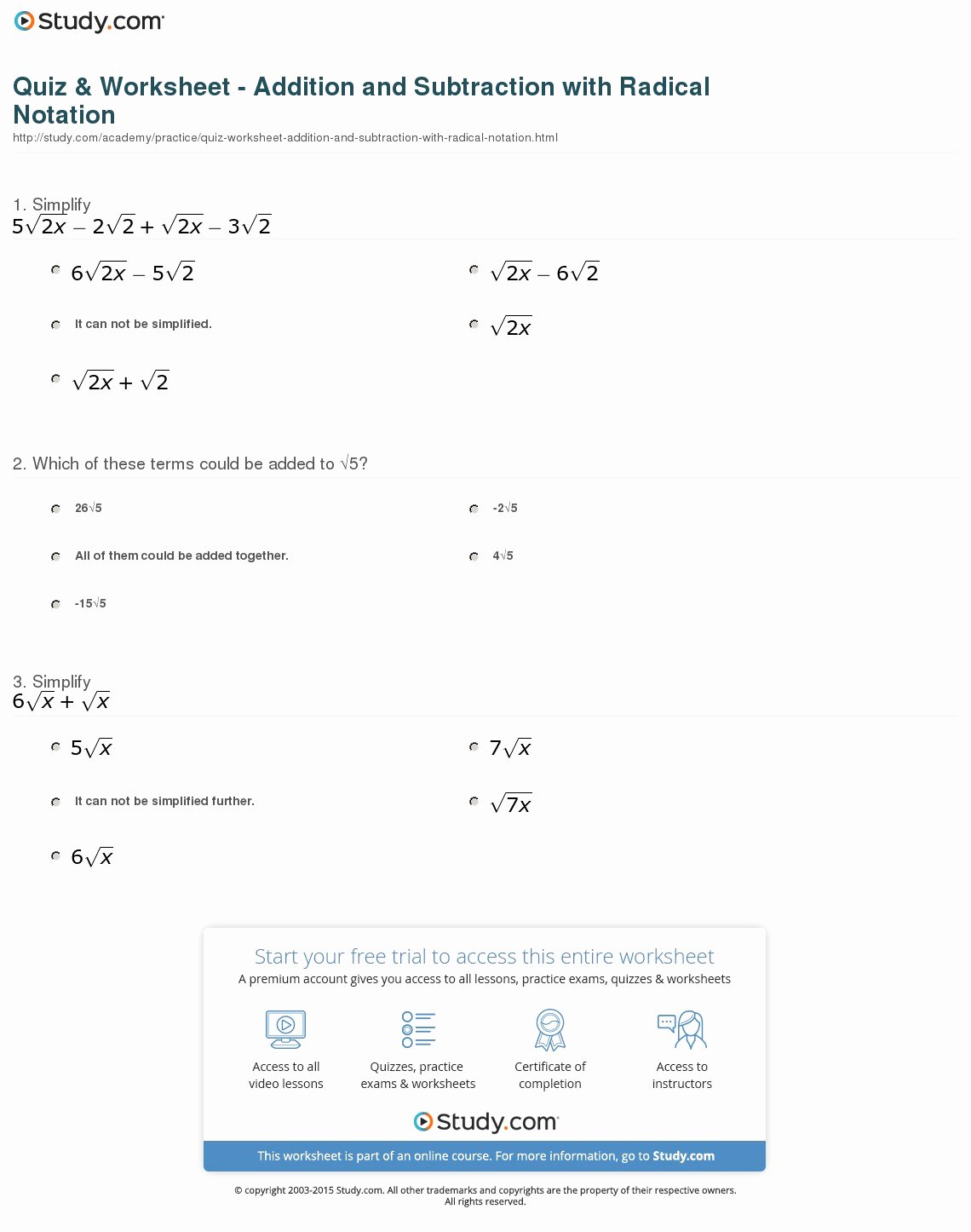 50 Adding And Subtracting Radicals Worksheet
