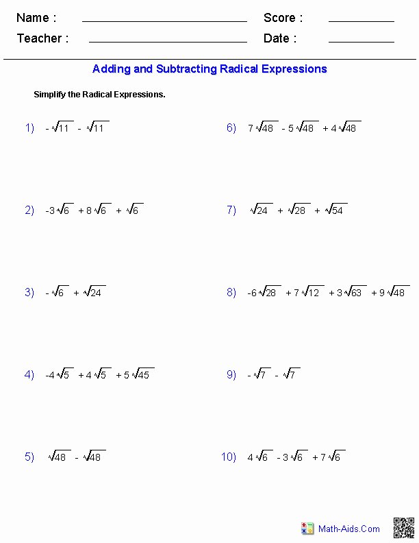 50 Adding And Subtracting Radicals Worksheet Chessmuseum Template Library