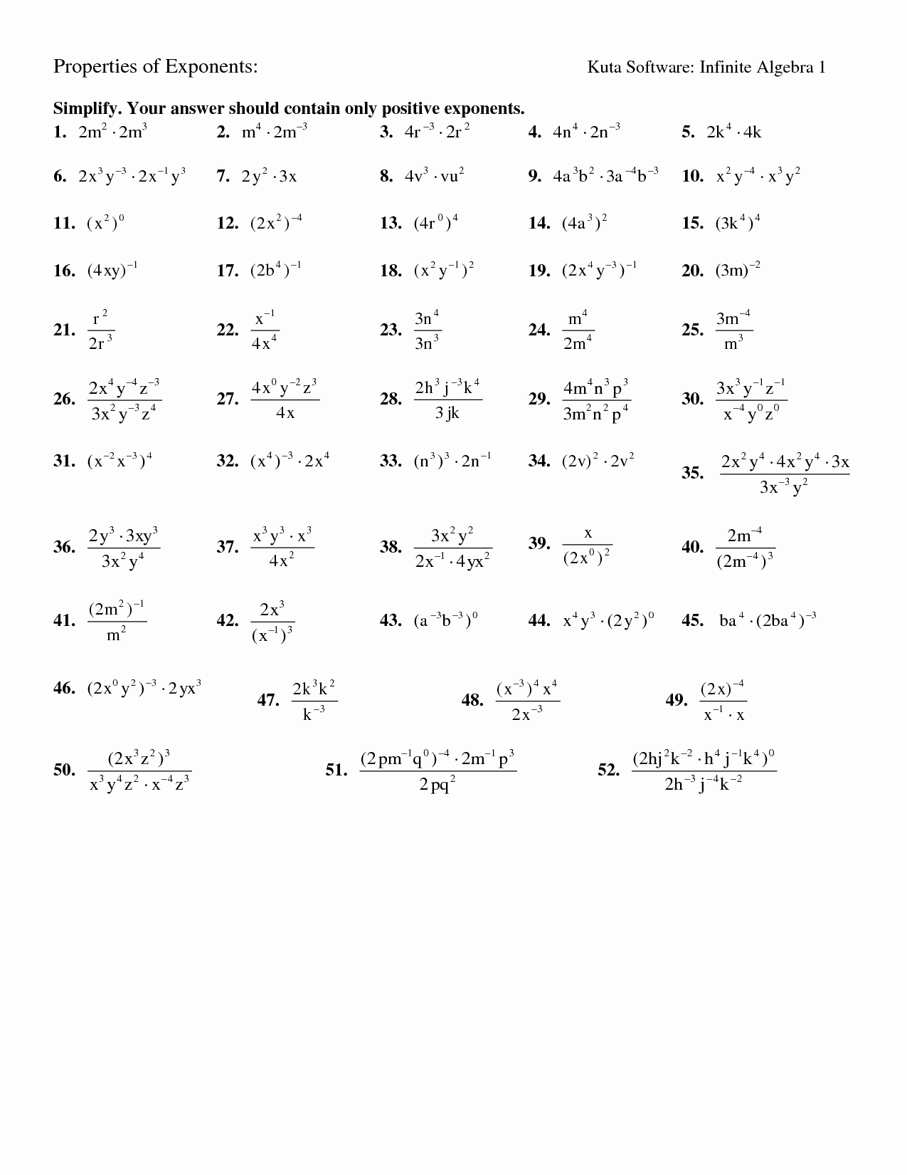 Algebra 1 Review Worksheet