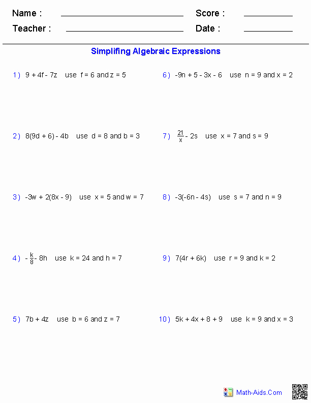 50 Algebraic Expressions Worksheet Pdf