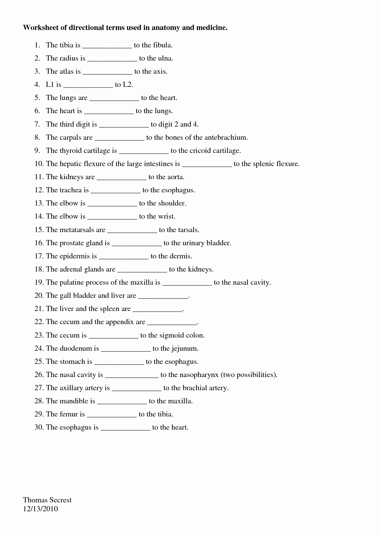 50 Anatomical Terms Worksheet Answers 50 Anatomical Terms Worksheet Answers