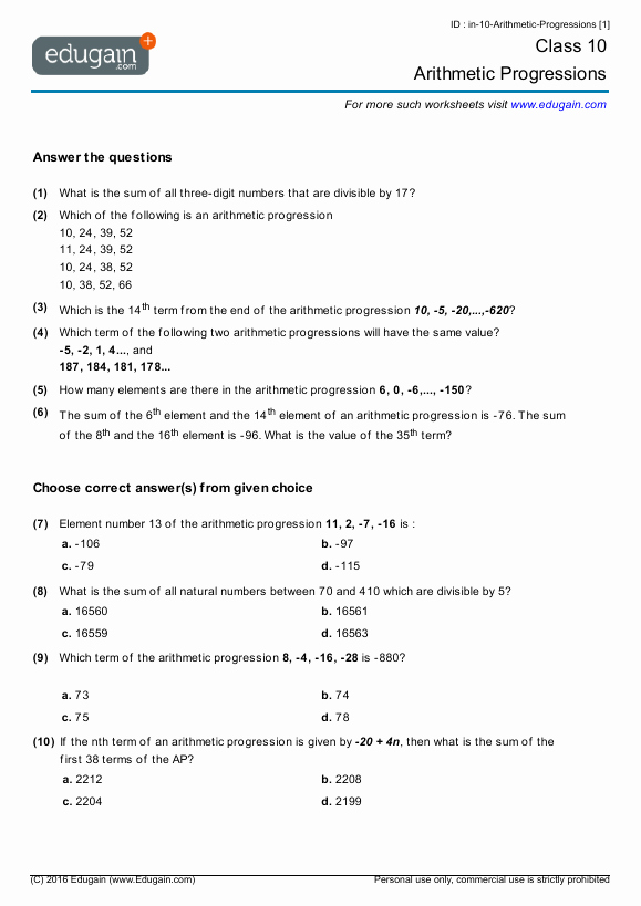 50 Arithmetic Sequence Worksheet With Answers