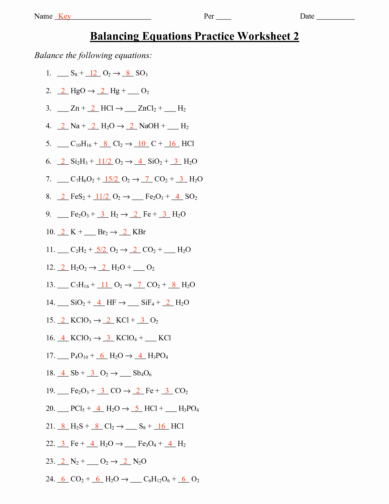 50 Balancing Equations Worksheet Answer Key