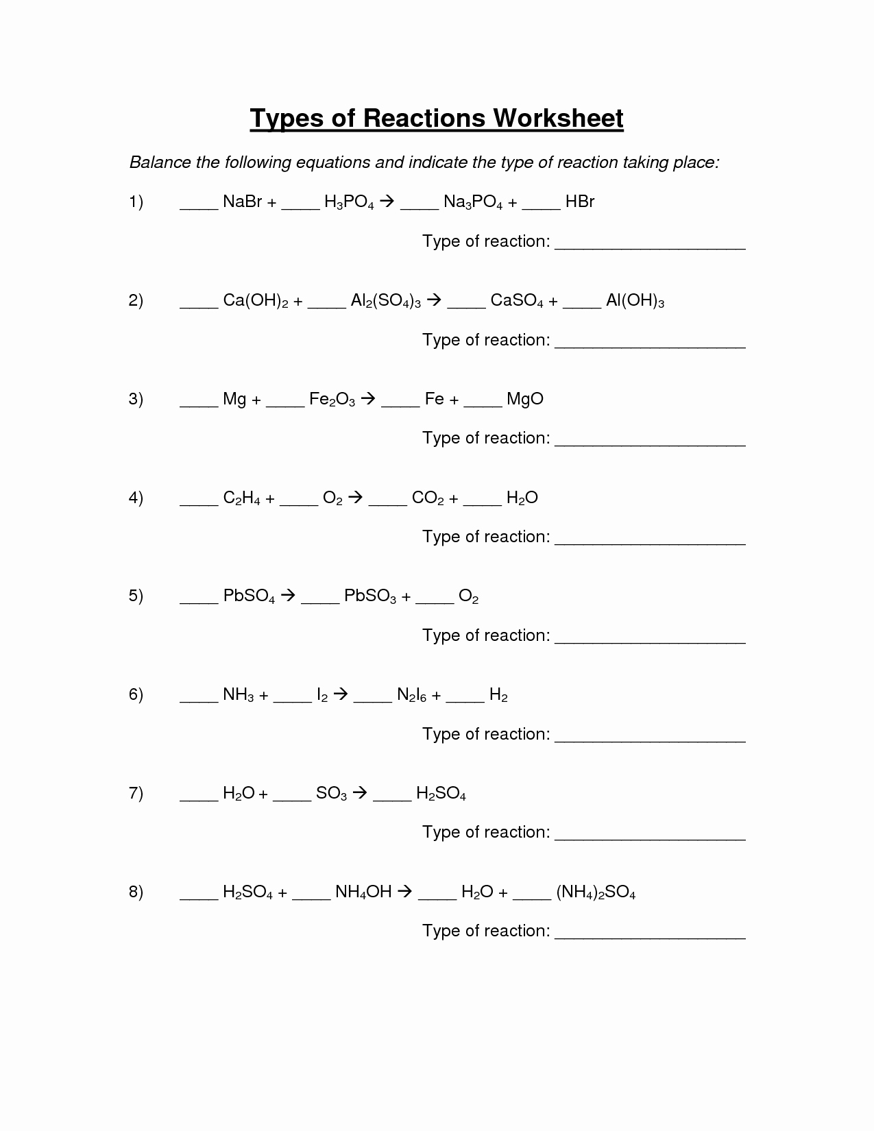 50 Chemical Reaction Type Worksheet 50 Chemical Reaction Type Worksheet