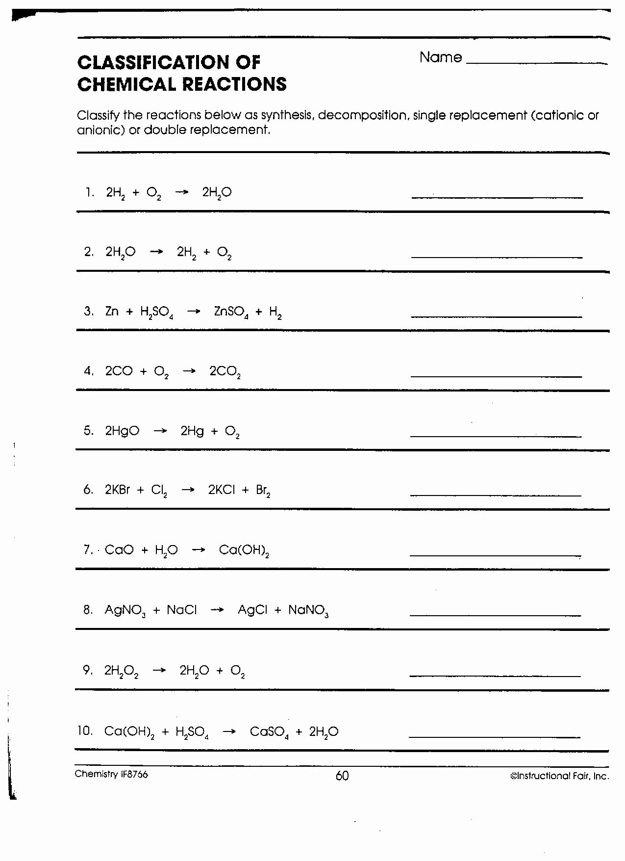 50 Chemical Reactions Types Worksheet