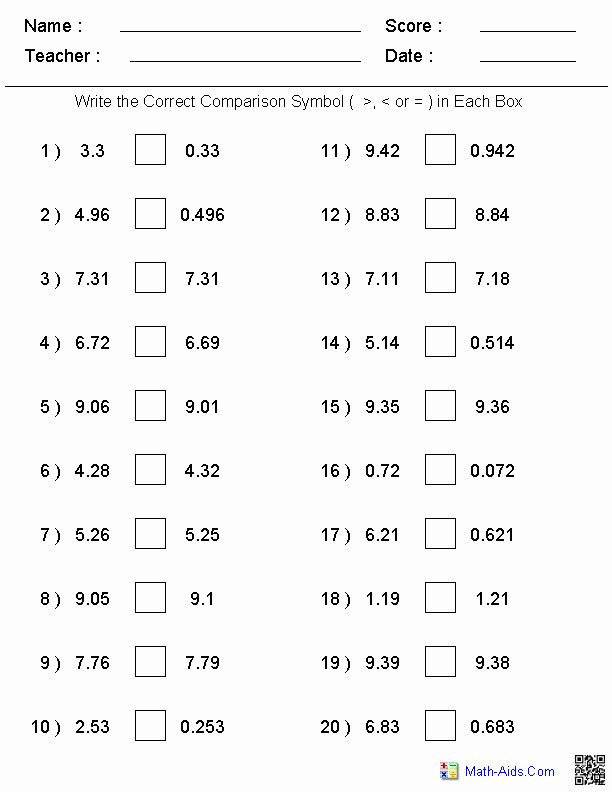 50 Comparing Fractions And Decimals Worksheet