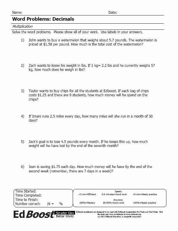50 Decimal Word Problems Worksheet