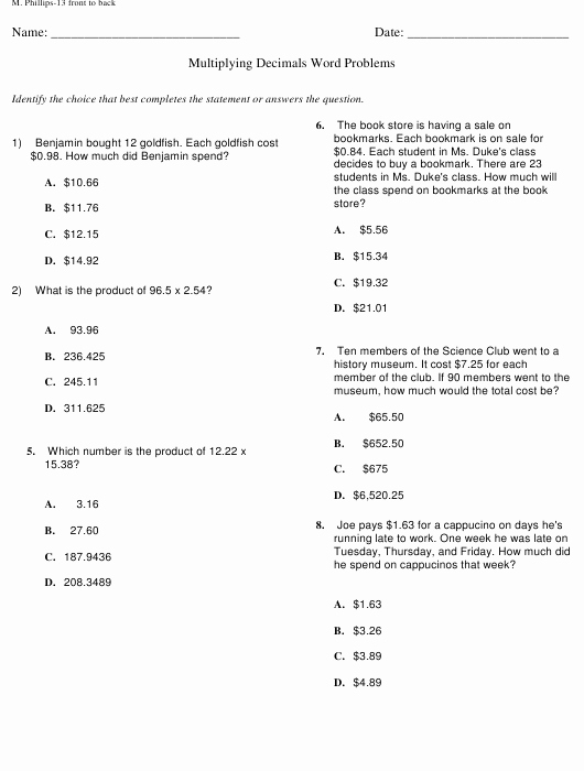 50 Decimal Word Problems Worksheet
