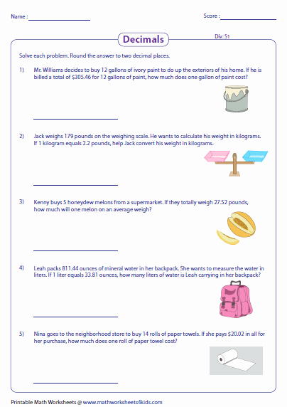 50 Decimal Word Problems Worksheet