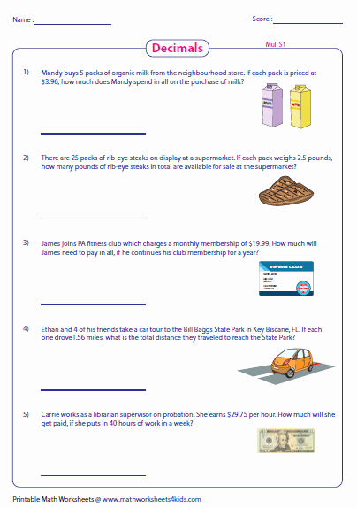 50 Decimal Word Problems Worksheet