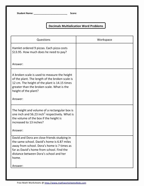 50 Decimal Word Problems Worksheet