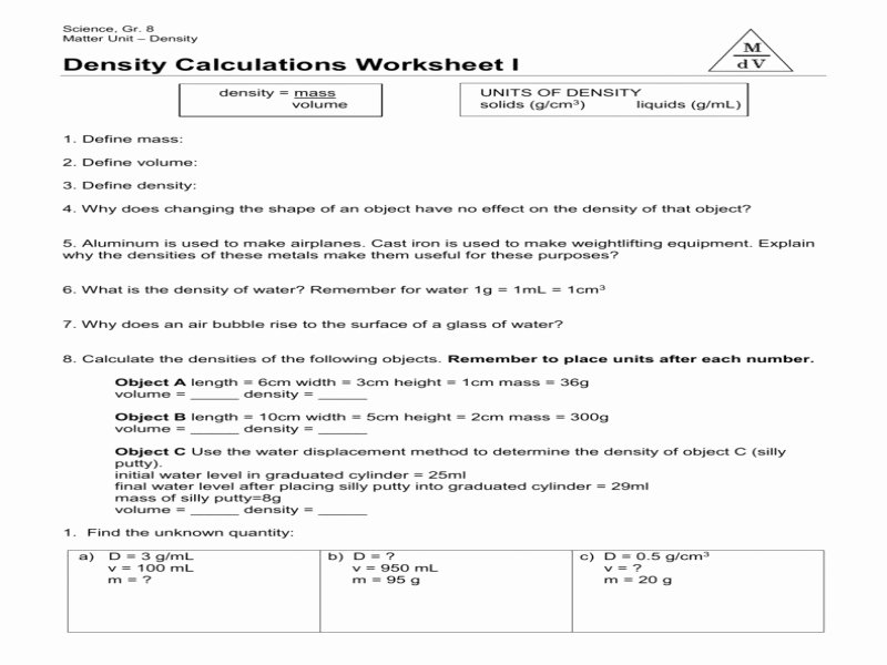 42 Density Calculations Worksheet Answers