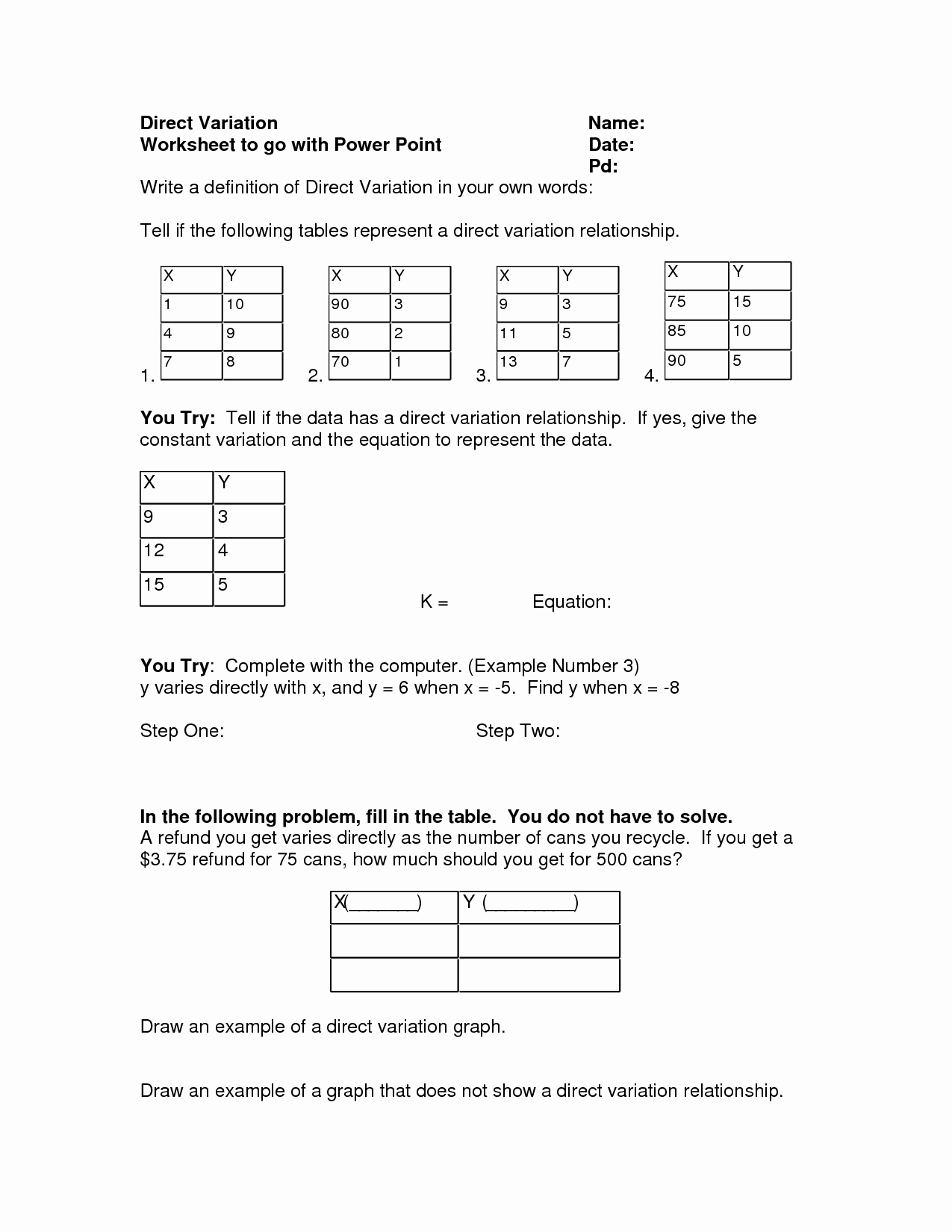 50 Direct Variation Word Problems Worksheet