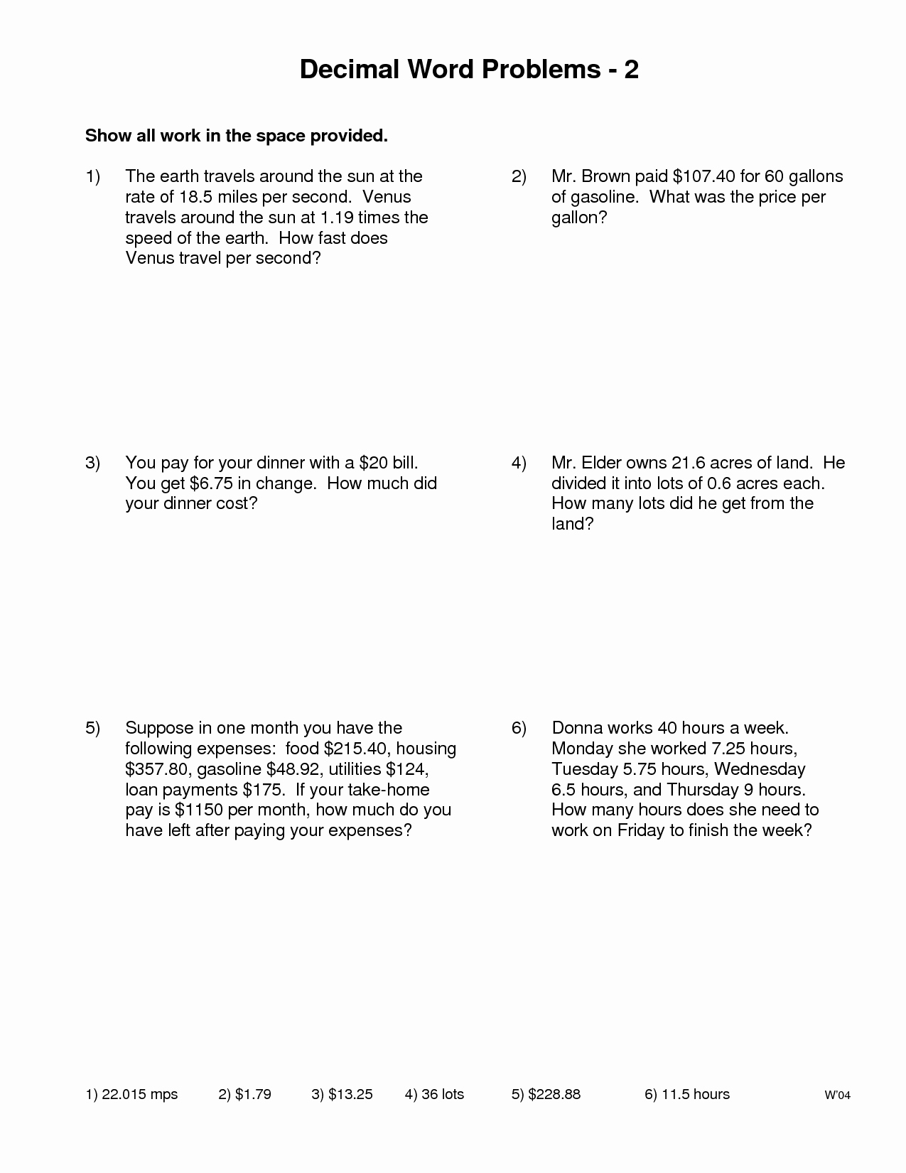 50 Dividing Decimals Word Problems Worksheet