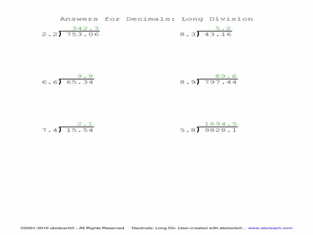 Long Division With Decimals Worksheet Printable Word Searches