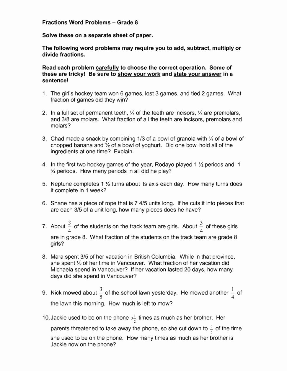 50 Dividing Fractions Word Problems Worksheet