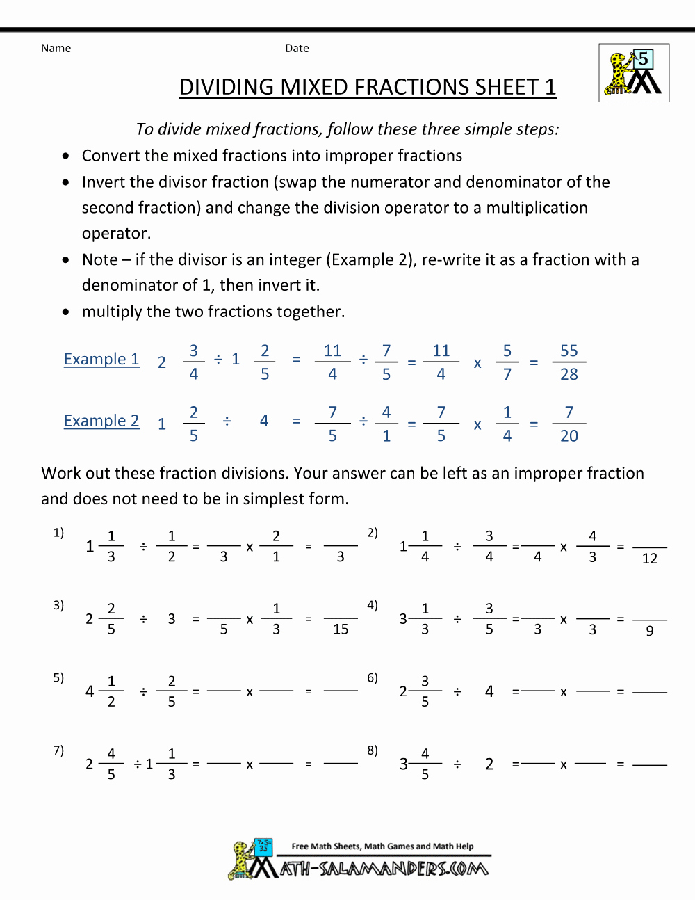 46 Dividing Mixed Numbers Worksheet 46 Dividing Mixed Numbers Worksheet