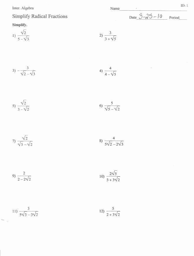 Dividing Radical Expressions Worksheet