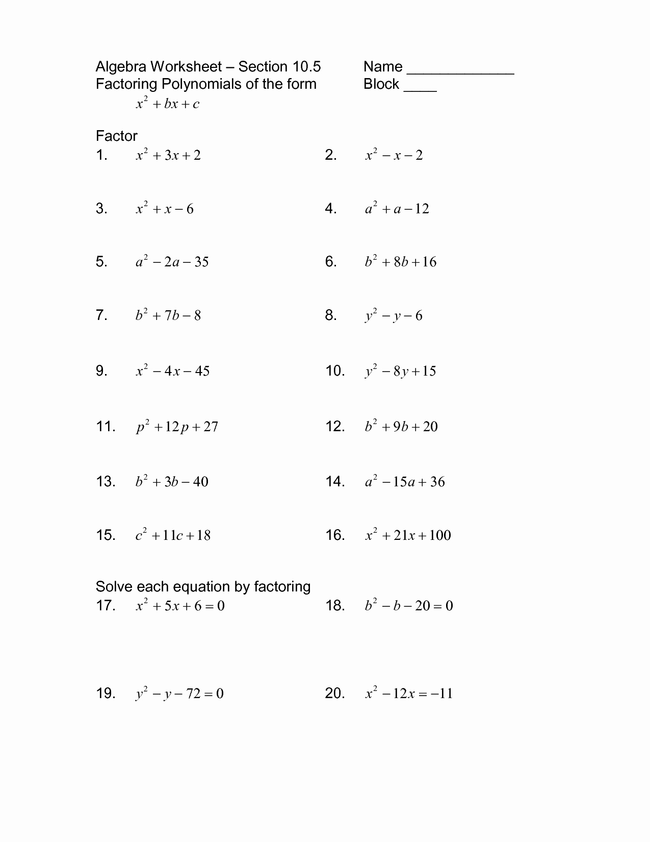 Worksheet For Factoring Polynomials
