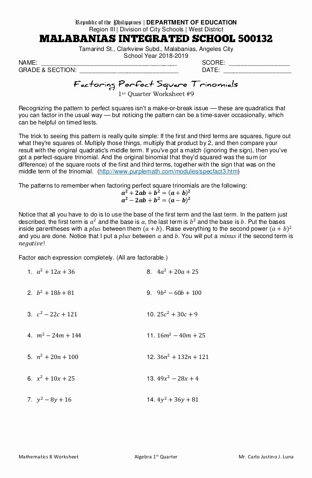 50 Factoring Trinomials A 1 Worksheet 50 Factoring Trinomials A 1 Worksheet
