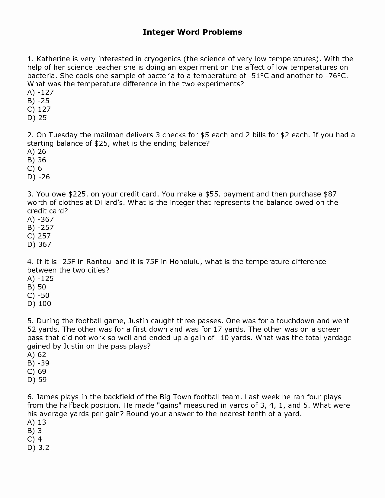 50 Integers Word Problems Worksheet Chessmuseum Template Library