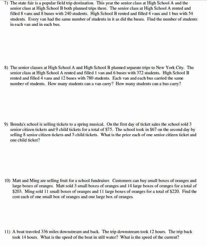 50 Linear Word Problems Worksheet