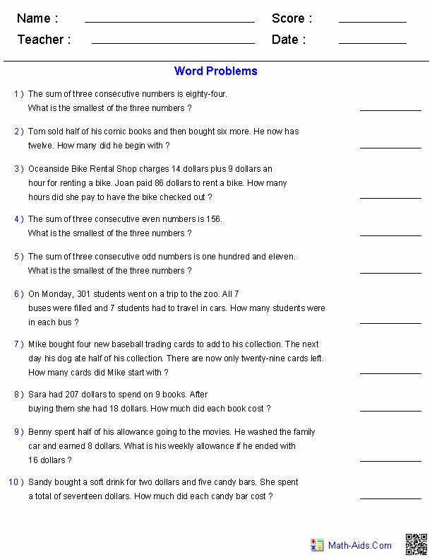 50 Linear Word Problems Worksheet