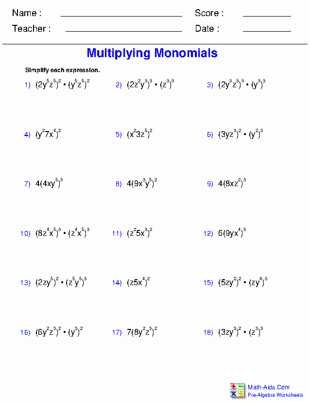 50 Multiplying And Dividing Monomials Worksheet