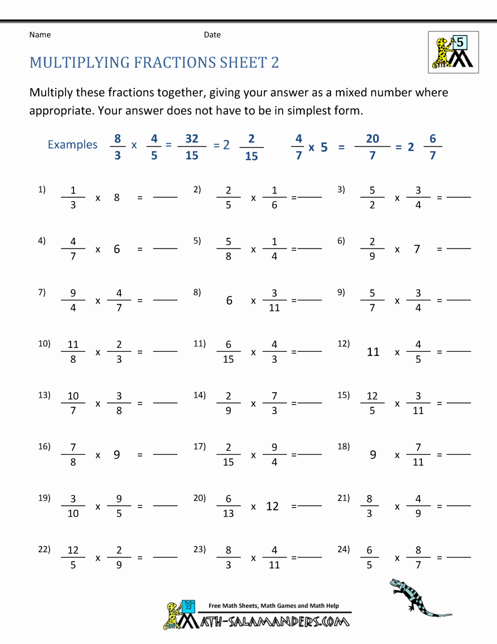 50 Multiplying Mixed Numbers Worksheet