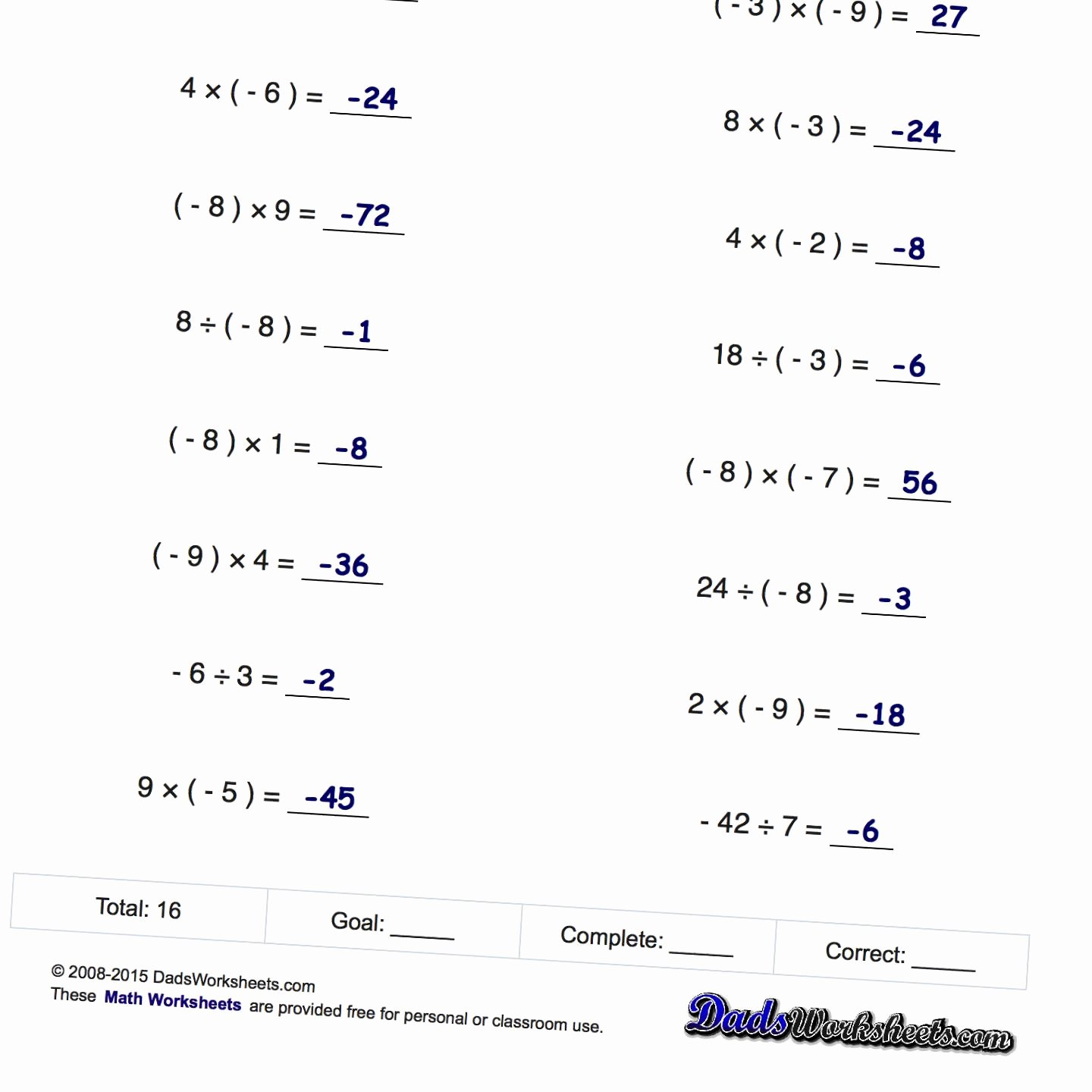 49 Multiplying Negative Numbers Worksheet
