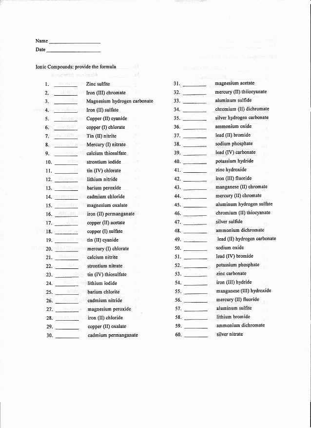 50 Naming Binary Ionic Compounds Worksheet