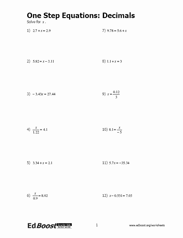 50 One Step Equations Worksheet Pdf