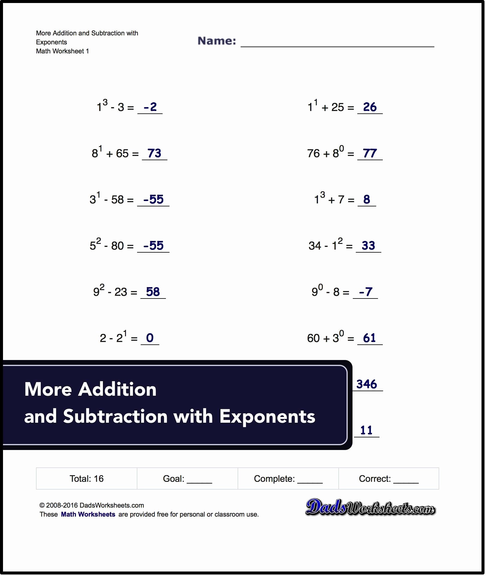 50 Operations With Exponents Worksheet