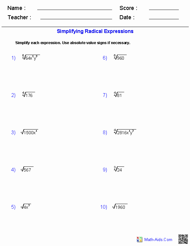 Order Of Operations With Radicals Worksheet