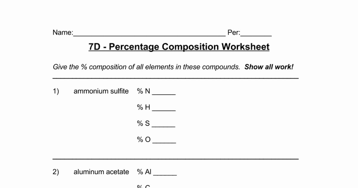 Percentage Composition Worksheet