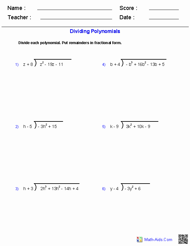 50 Polynomial Long Division Worksheet 50 Polynomial Long Division Worksheet