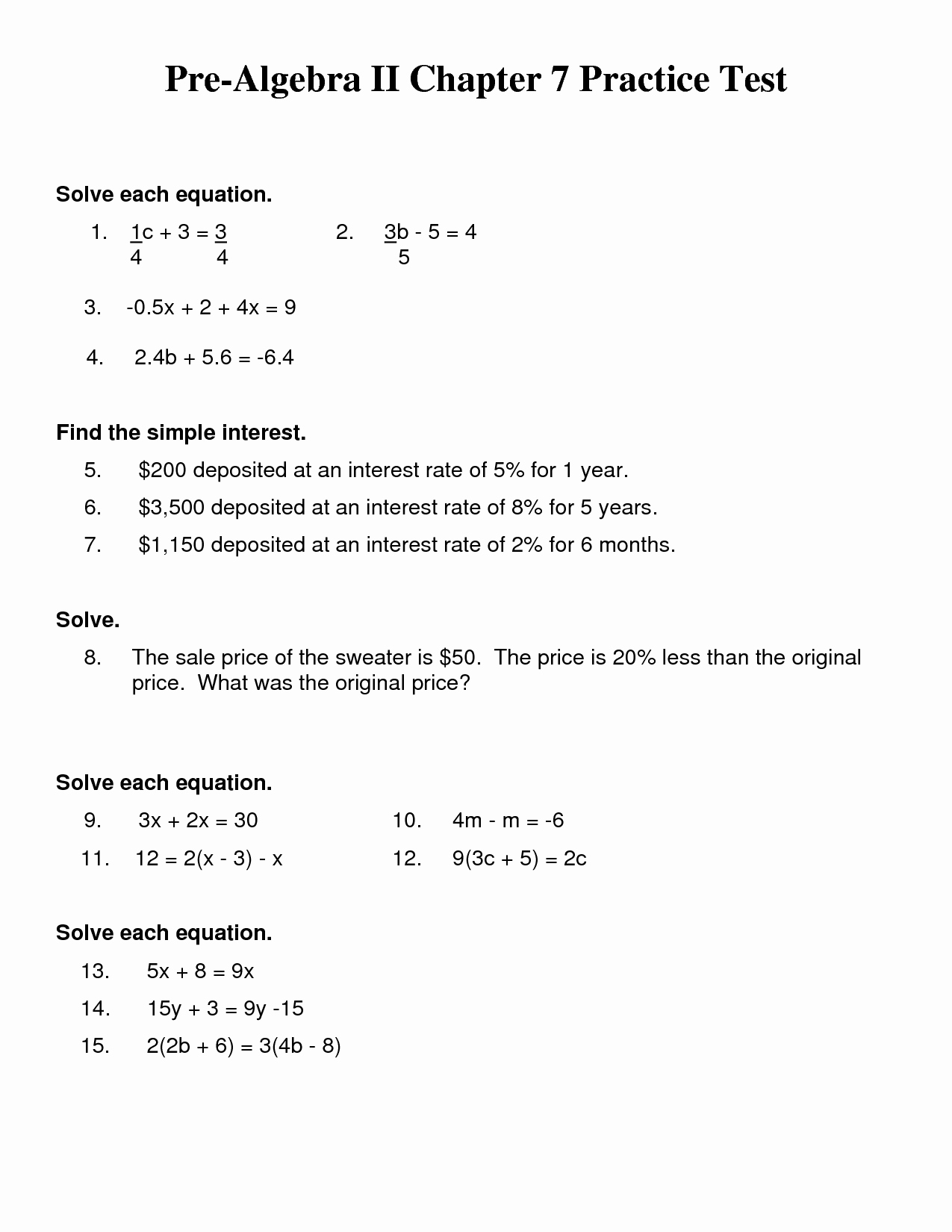 50 Pre Algebra Review Worksheet