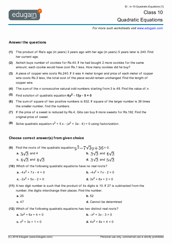 50 Quadratic Equation Worksheet With Answers