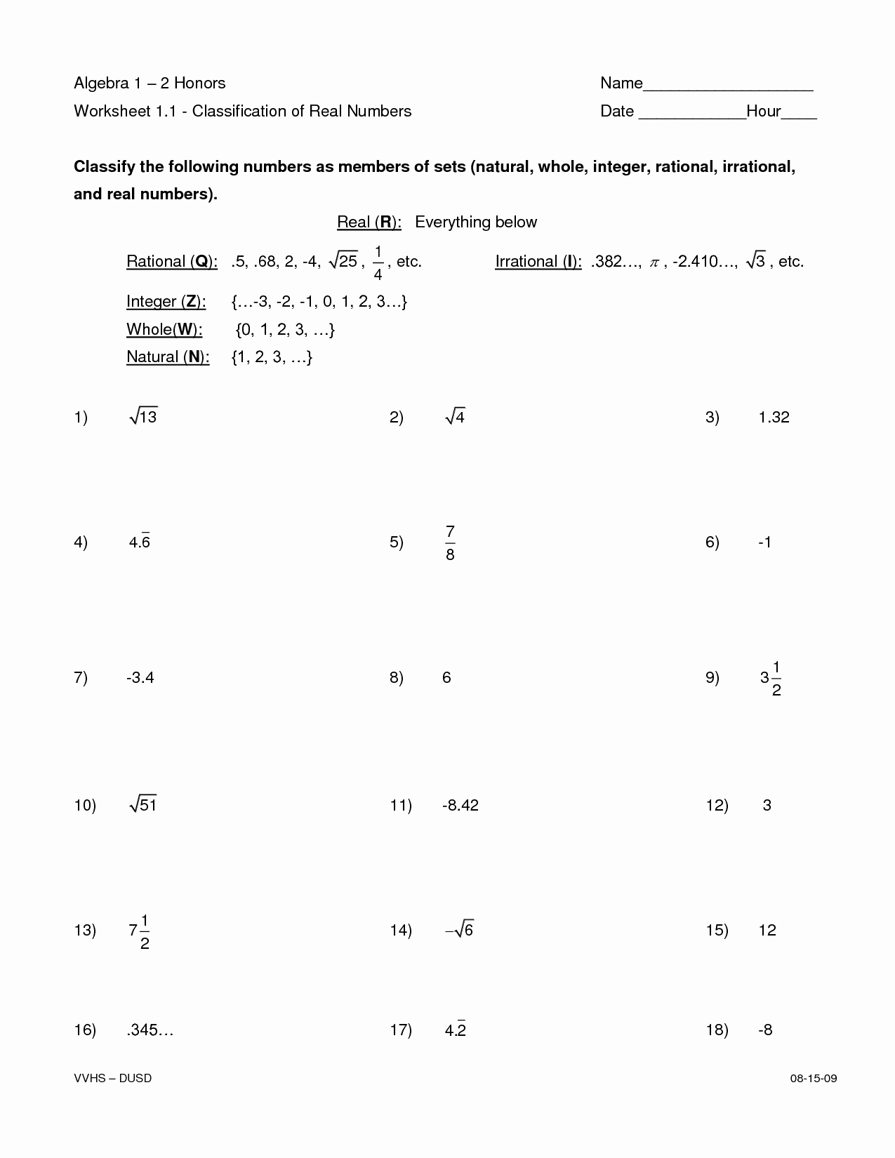 50 Rational Irrational Numbers Worksheet