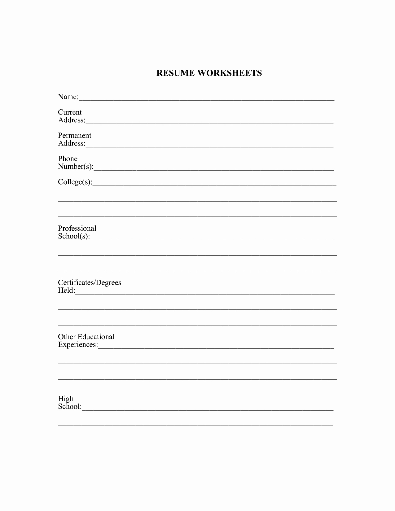 50 Resume Worksheet For Adults Chessmuseum Template Library
