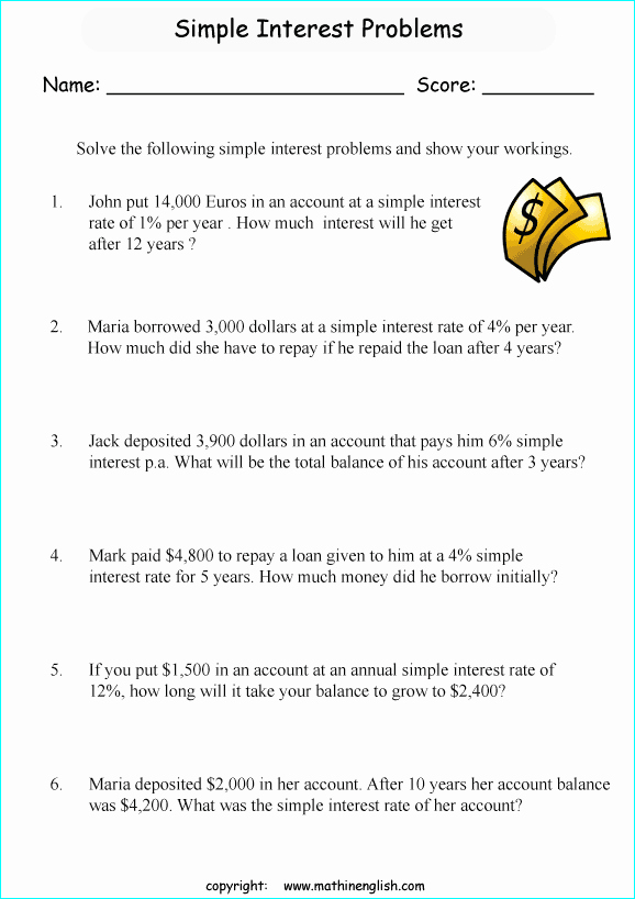 50 Simple Interest Problems Worksheet