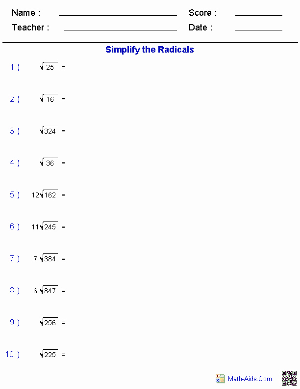 49 Simplifying Radical Expressions Worksheet