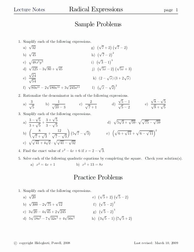 50 Simplifying Radicals Worksheet Algebra 2