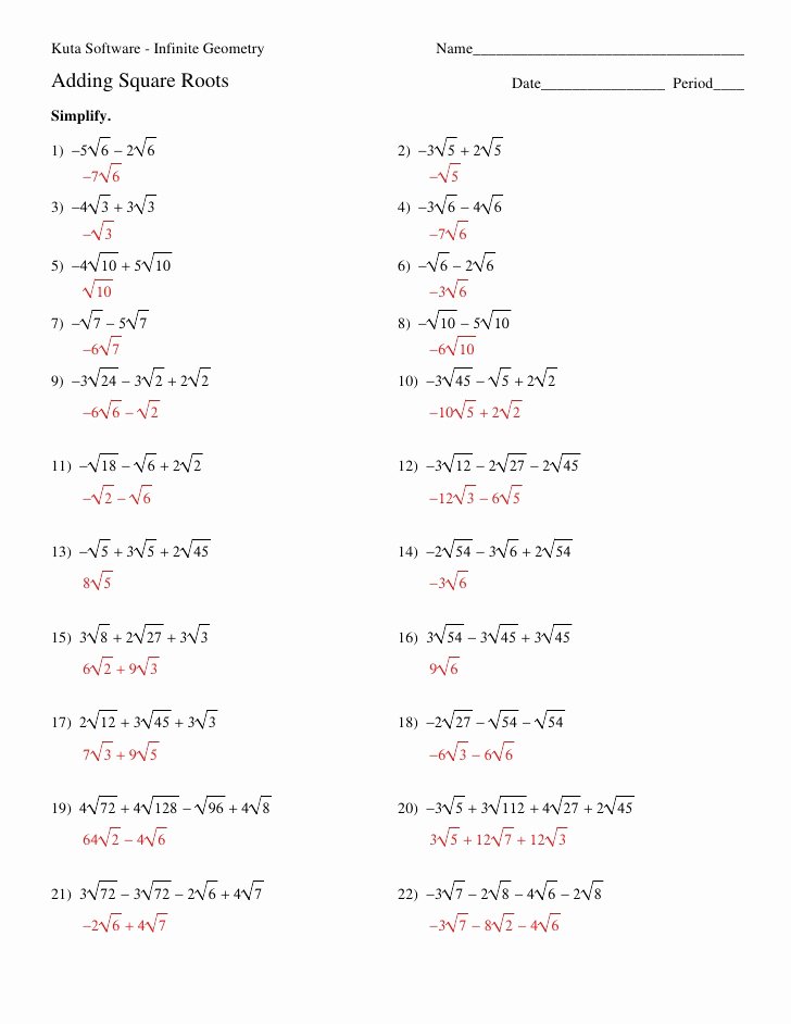 Simplifying Radical Worksheets