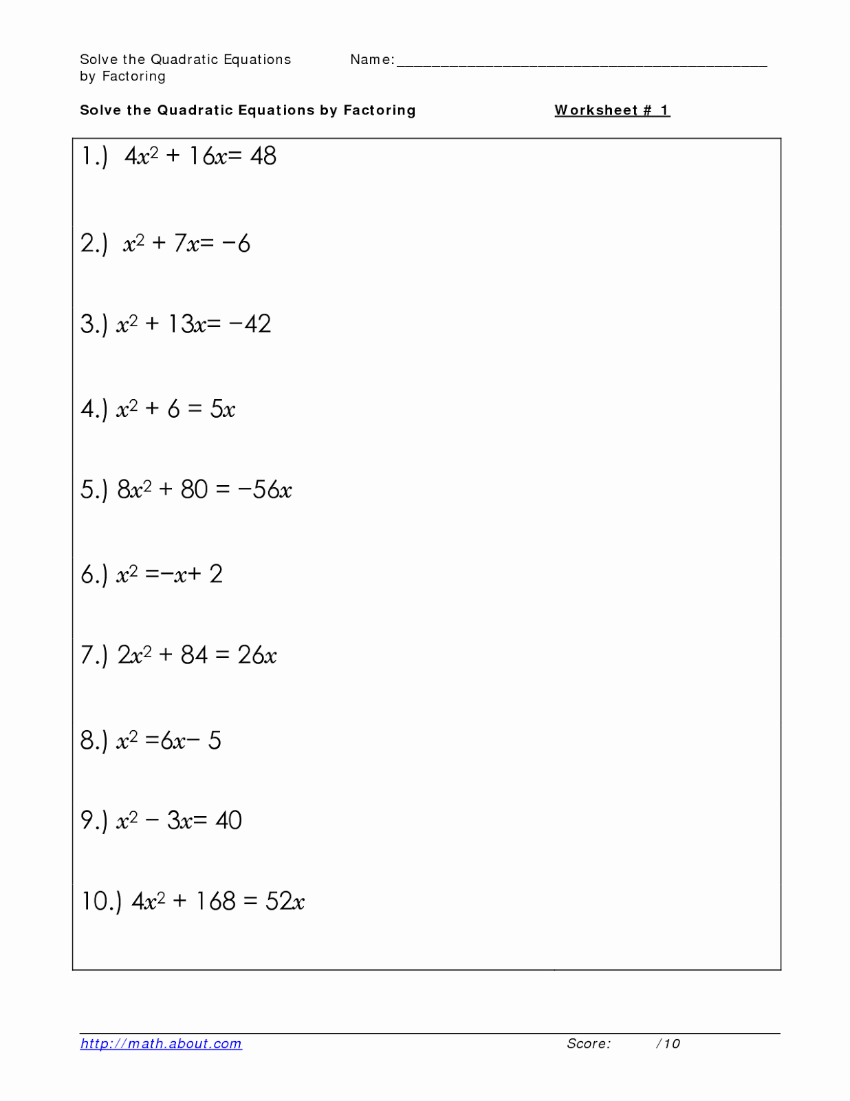 50 Solve By Factoring Worksheet