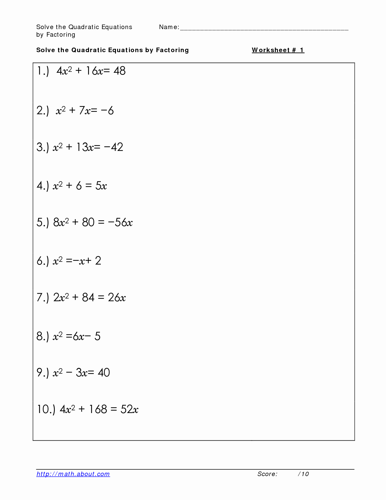 Factoring And Solving Quadratic Equations Worksheets