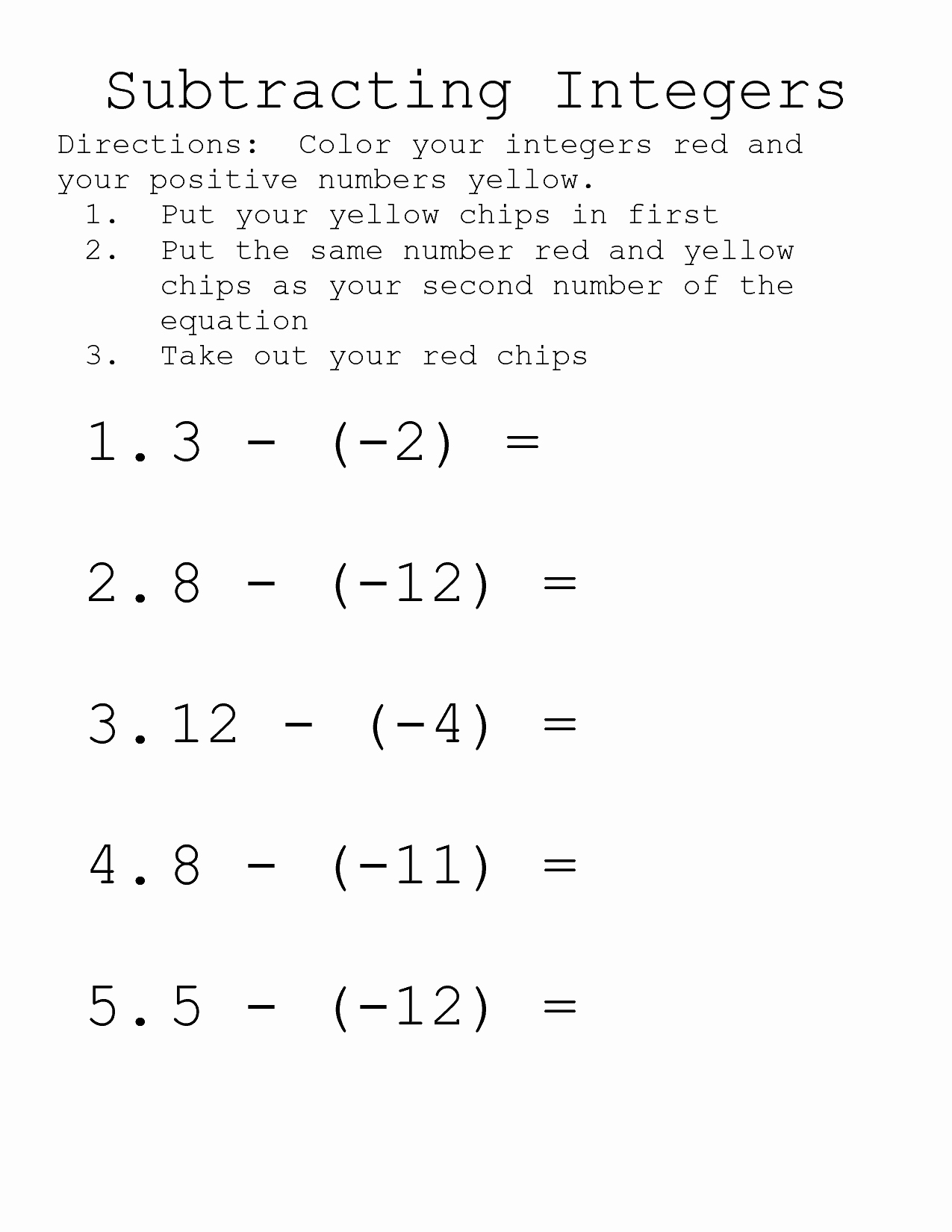 Subtraction Integers Worksheet