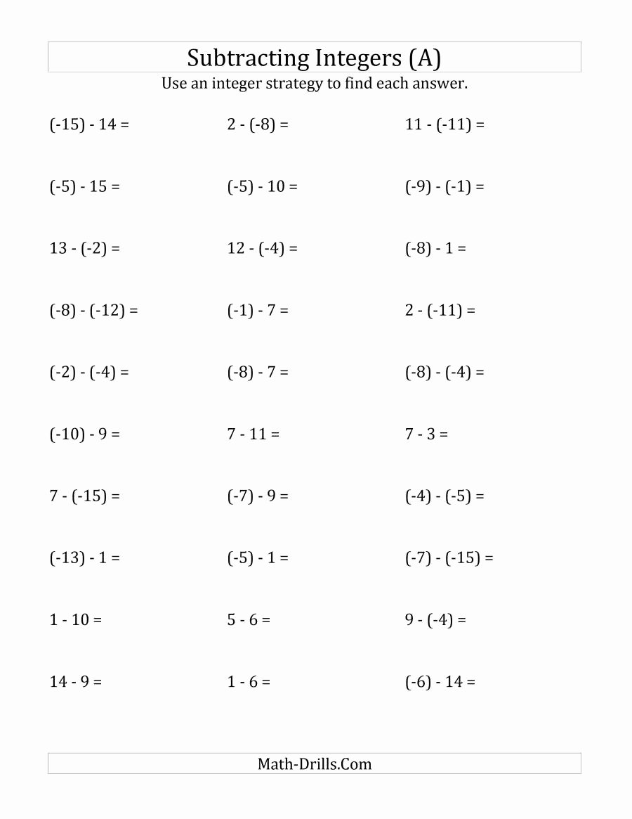 Subtracting Integers Worksheets
