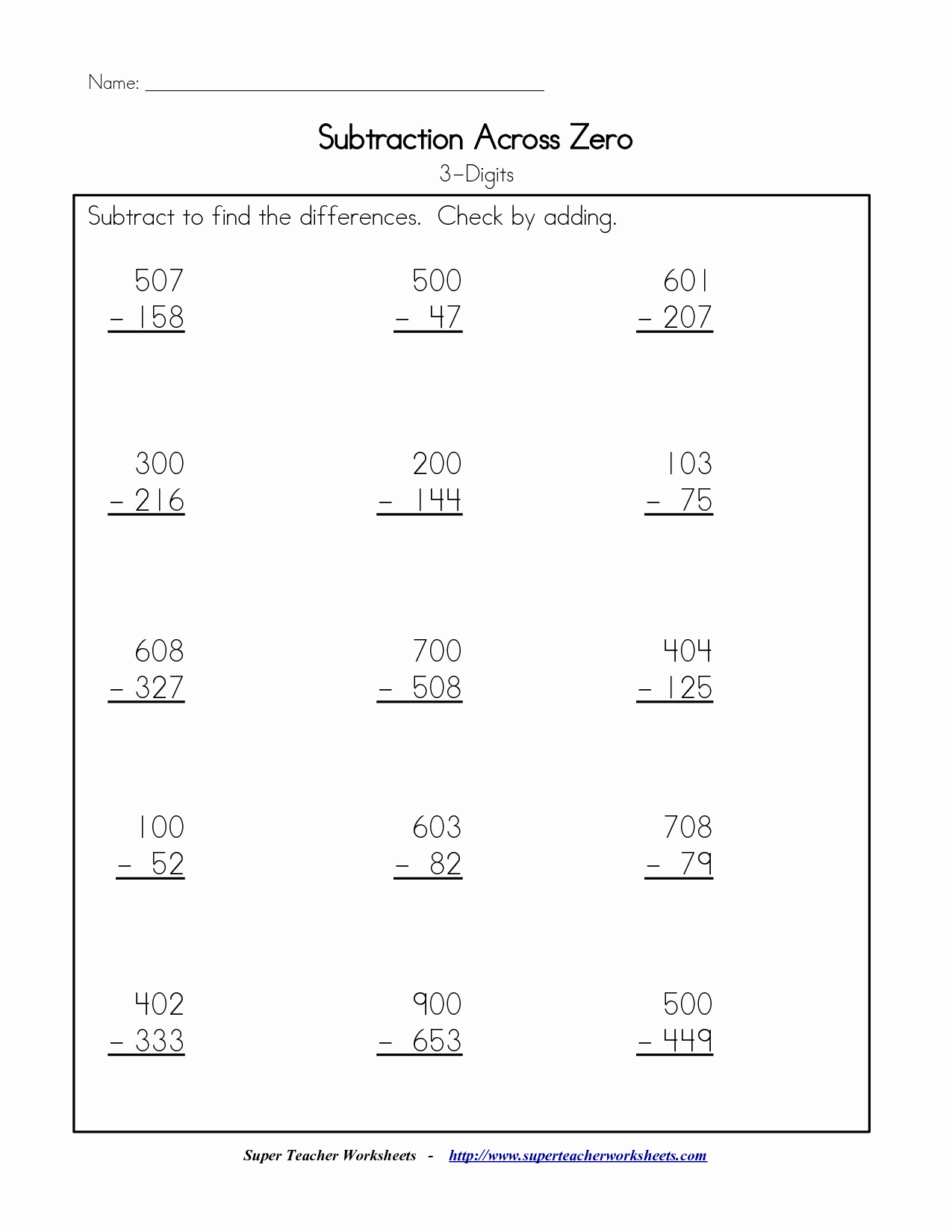 50 Subtraction Across Zeros Worksheet