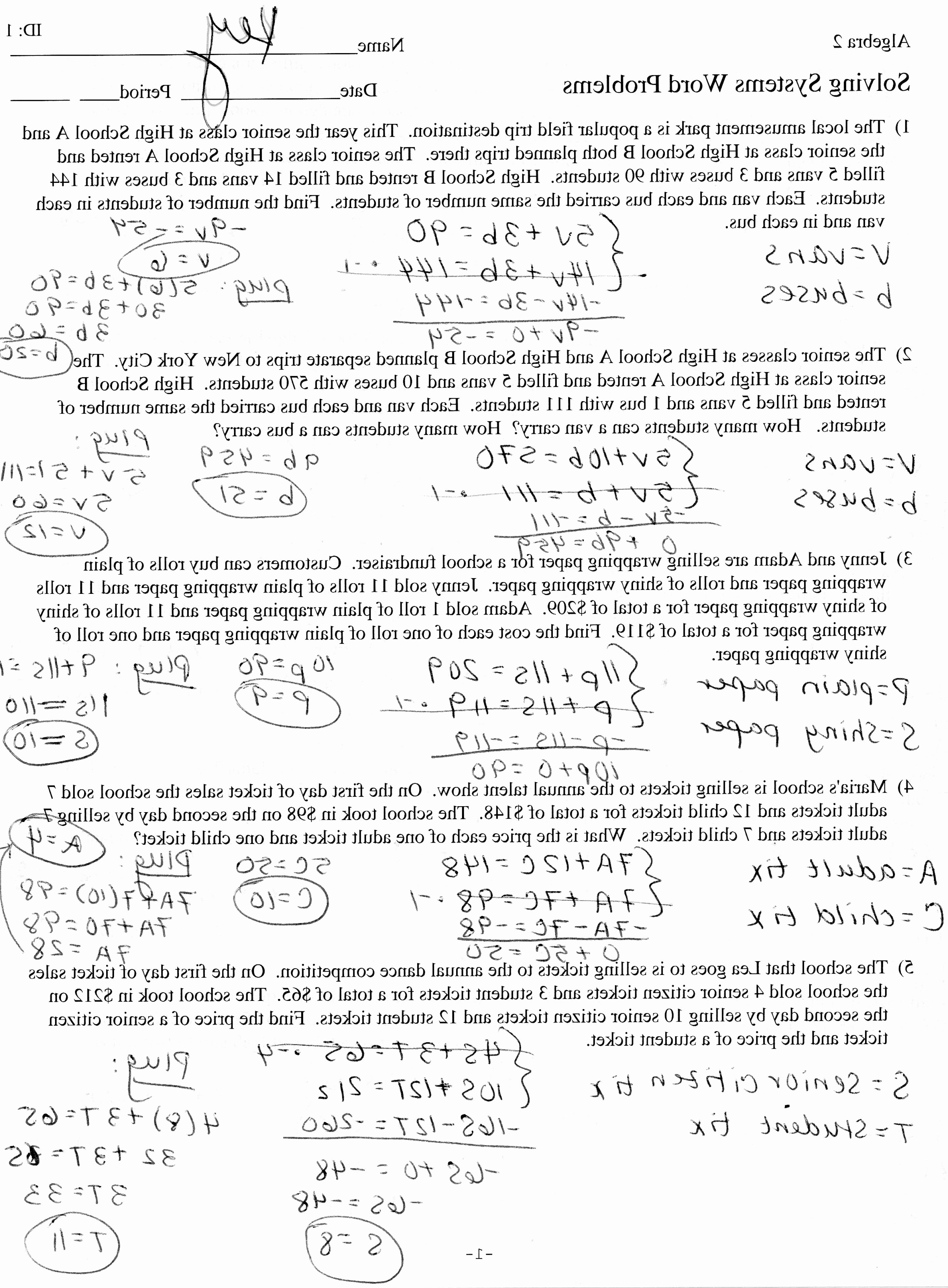 Systems Word Problems Worksheets